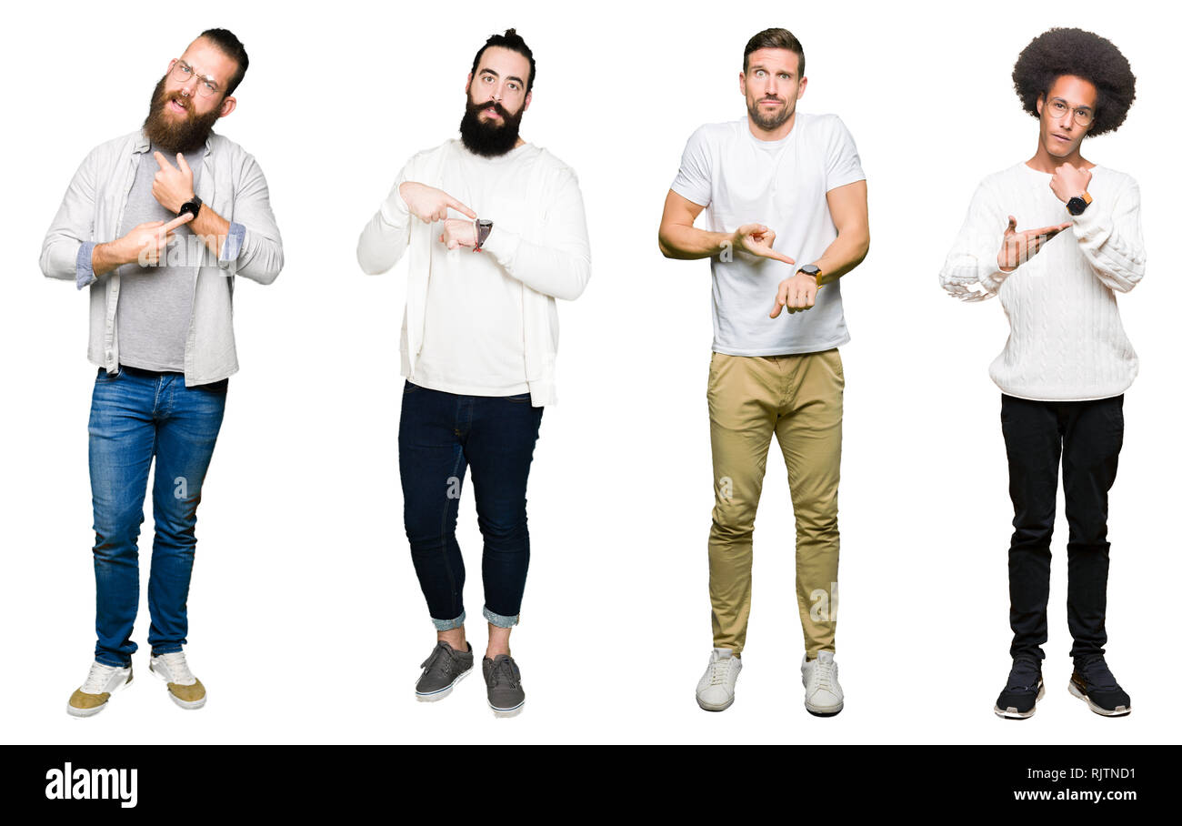Collage of group of young men over white isolated background In hurry ...