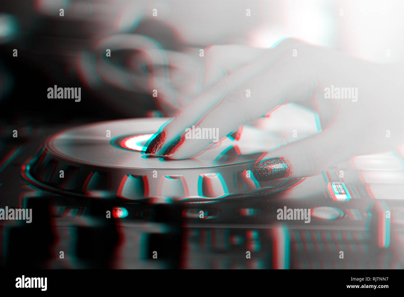 DJ Hand Mixing on Controller, Glitch Black and White Stock Photo - Alamy