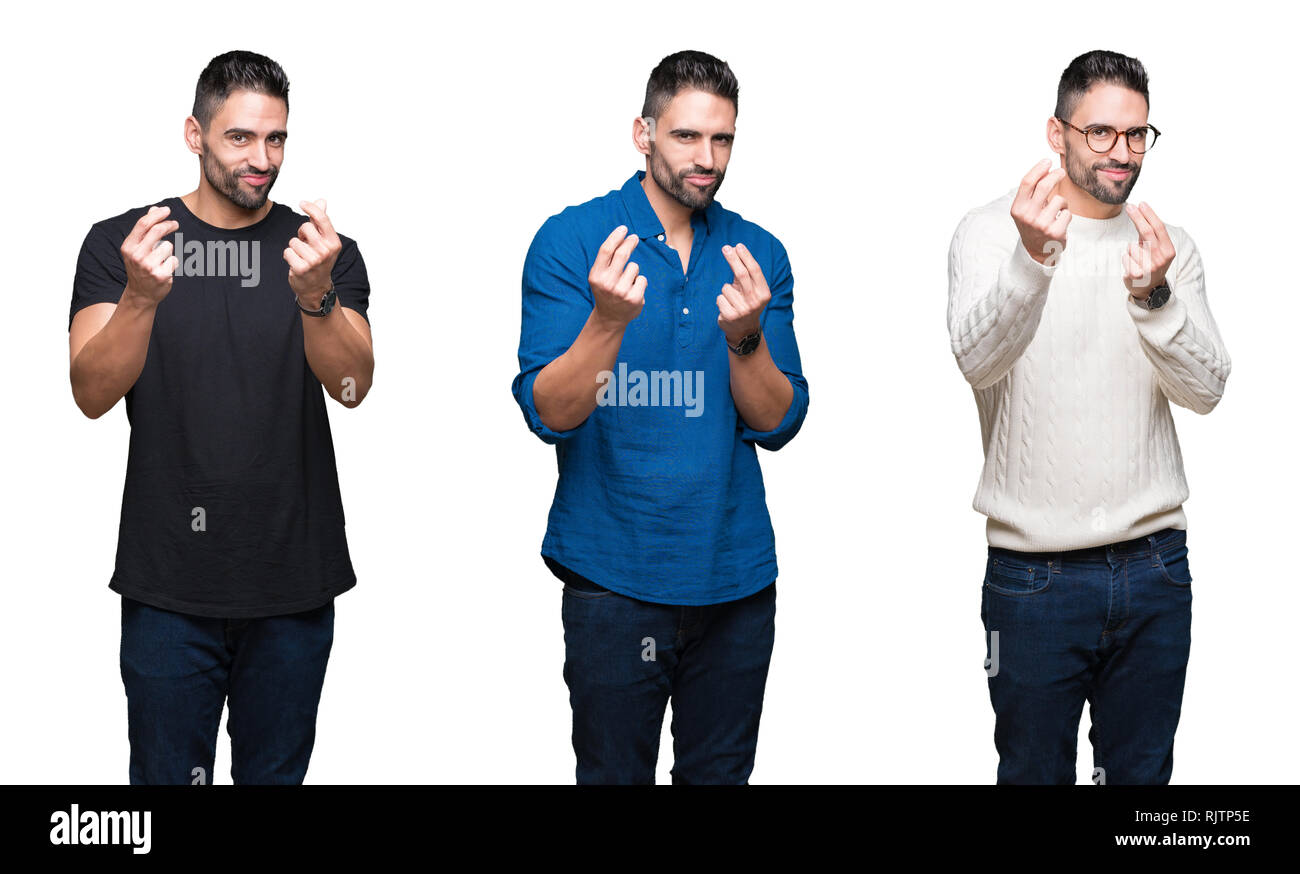 Collage of handsome man over white isolated background Doing money ...