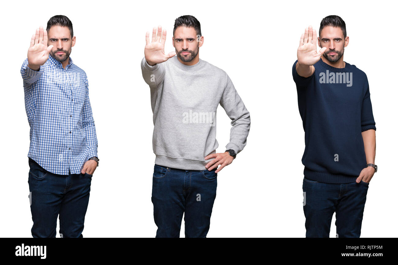 Collage of handsome business man over white isolated background doing ...