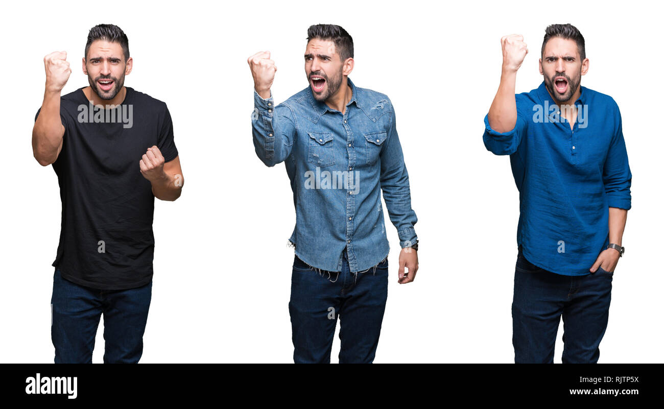 Collage of handsome man over white isolated background angry and mad ...