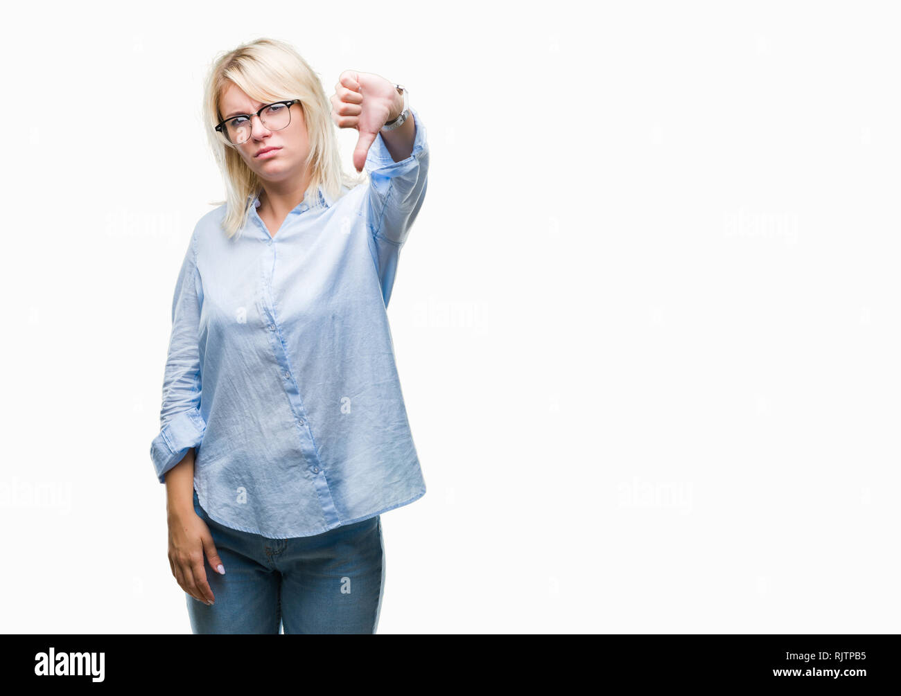 Young beautiful blonde business woman wearing glasses over isolated ...