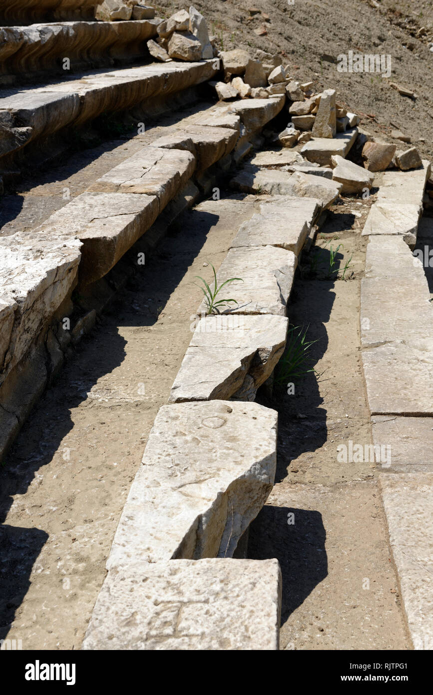 Seating inscribed with Greek letters at the large ancient stadium ...