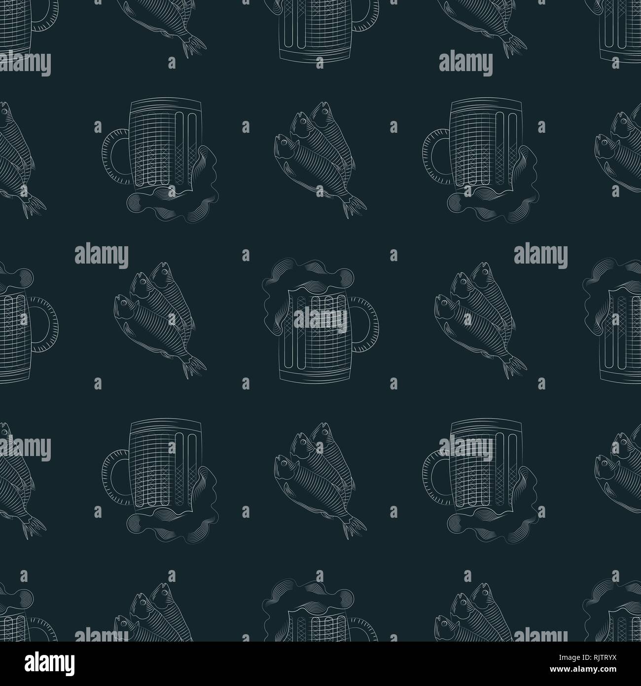 Pub print with mug beer and fish graphic style. vector seamless pattern ...