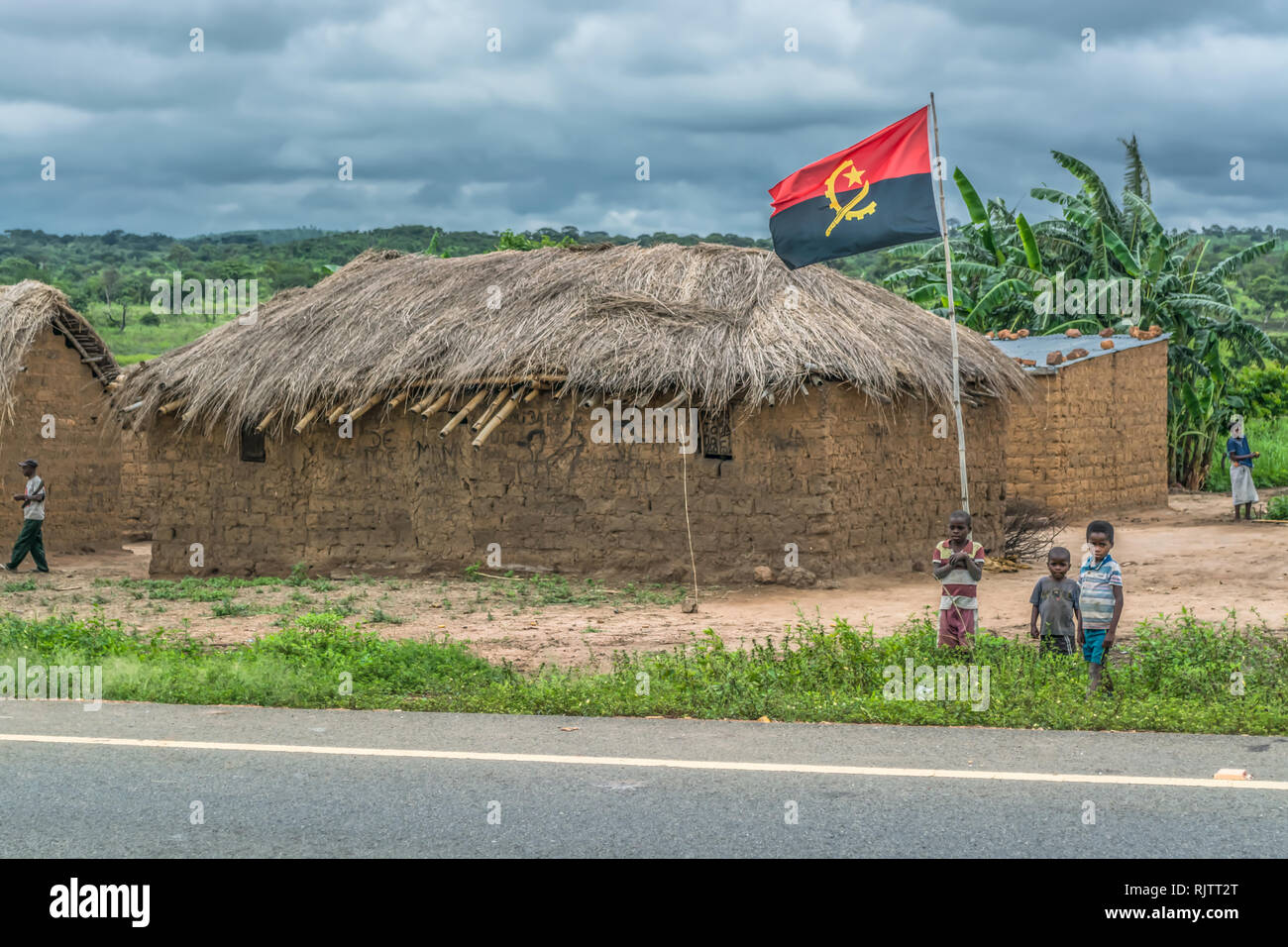 Malange / Angola - 12 08 2018: View of traditional village, people and ...