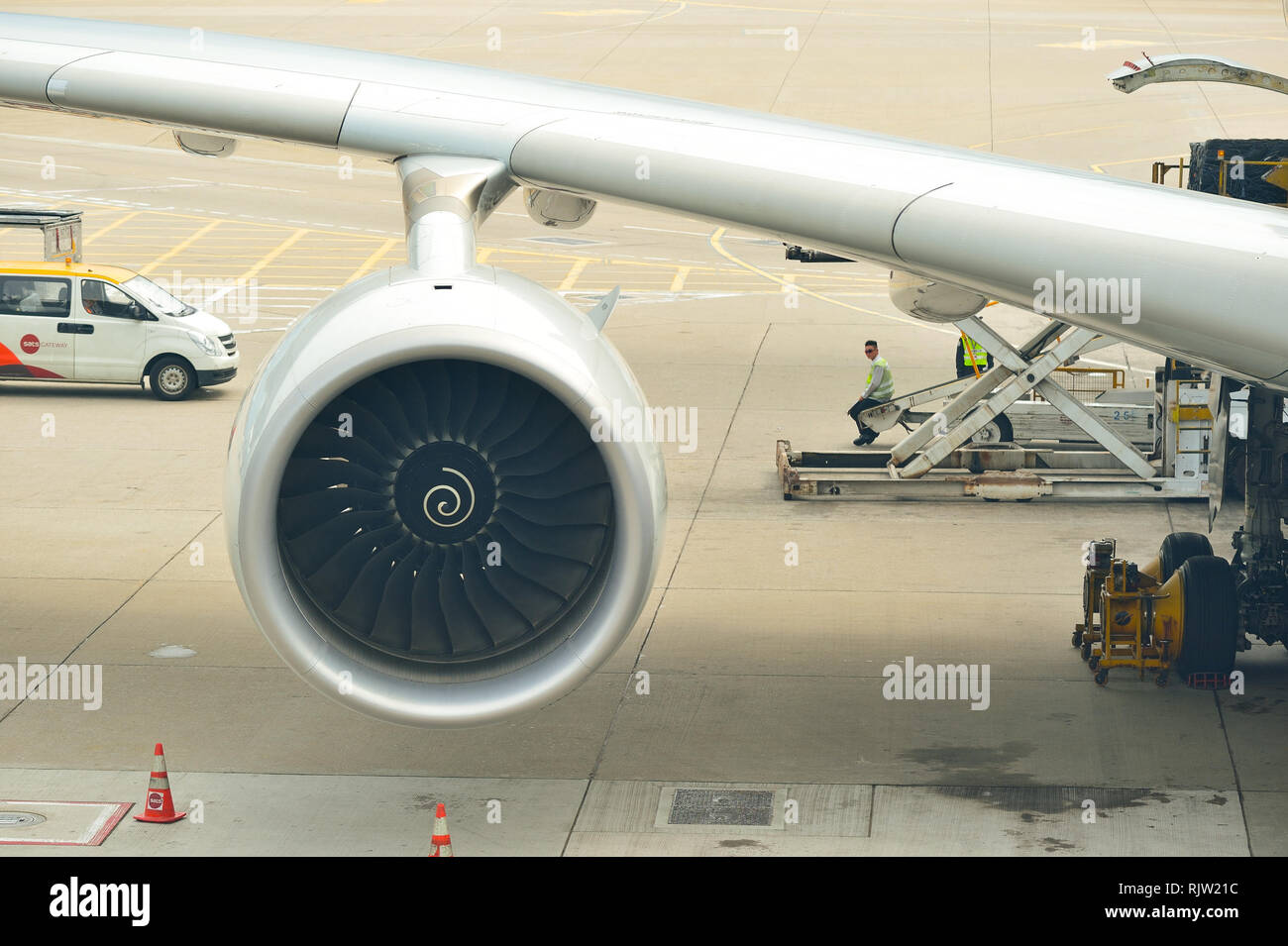 HONG KONG - NOVEMBER 03, 2015: engine of Airbus A380. The Airbus A380 ...