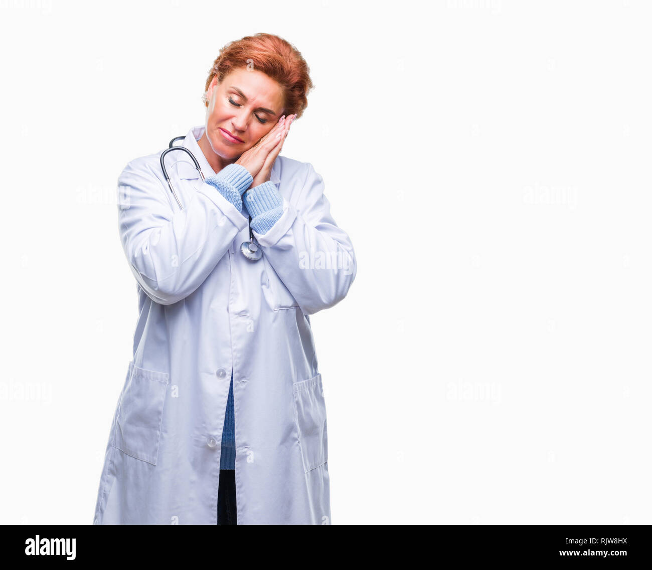 Senior caucasian doctor woman wearing medical uniform over isolated ...