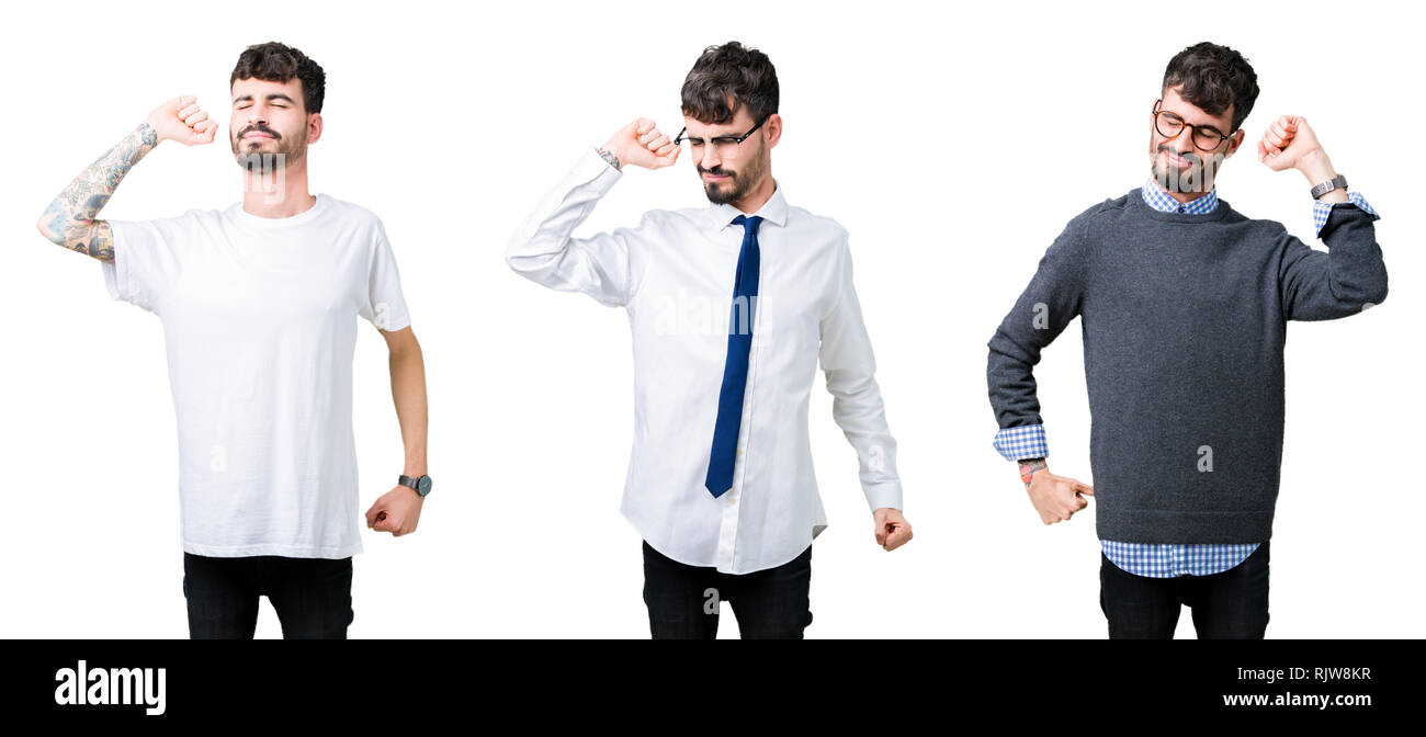 Collage of young man over isolated background stretching back, tired ...
