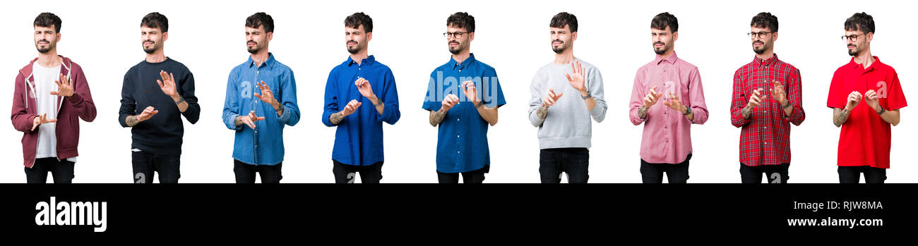 Collage of young man over isolated background disgusted expression ...