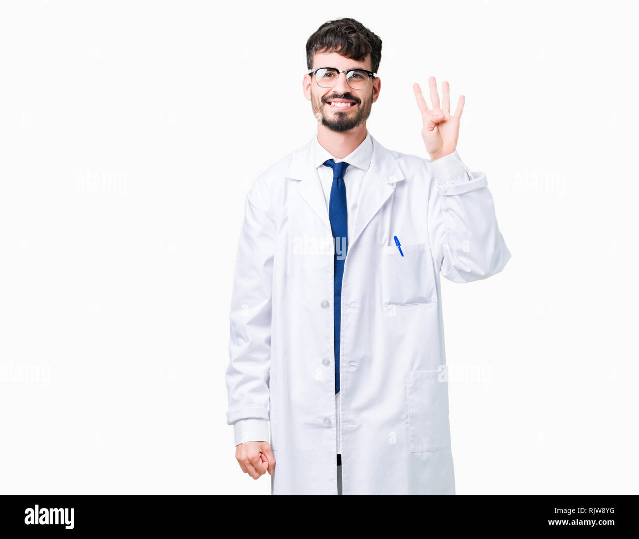 Young professional scientist man wearing white coat over isolated ...