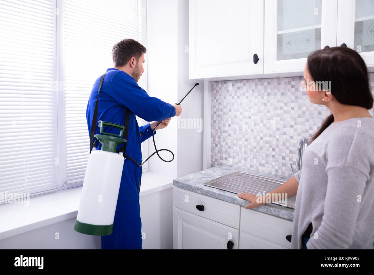 Pest Control Worker And Woman Spraying Pesticide With Torch In Kitchen ...