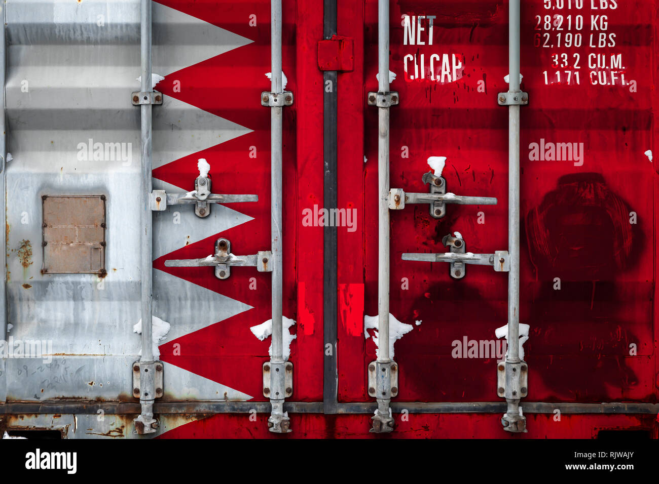 Close-up of container with the national flag of Bahrain. The concept of ...