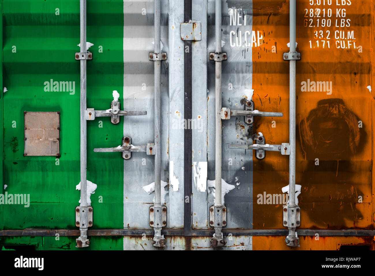 Close-up of a container with the national flag of Ireland. The concept ...
