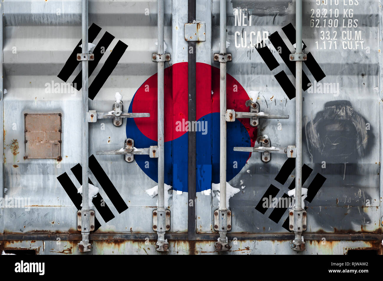 Close-up of a container with the national flag of South Korea. The ...