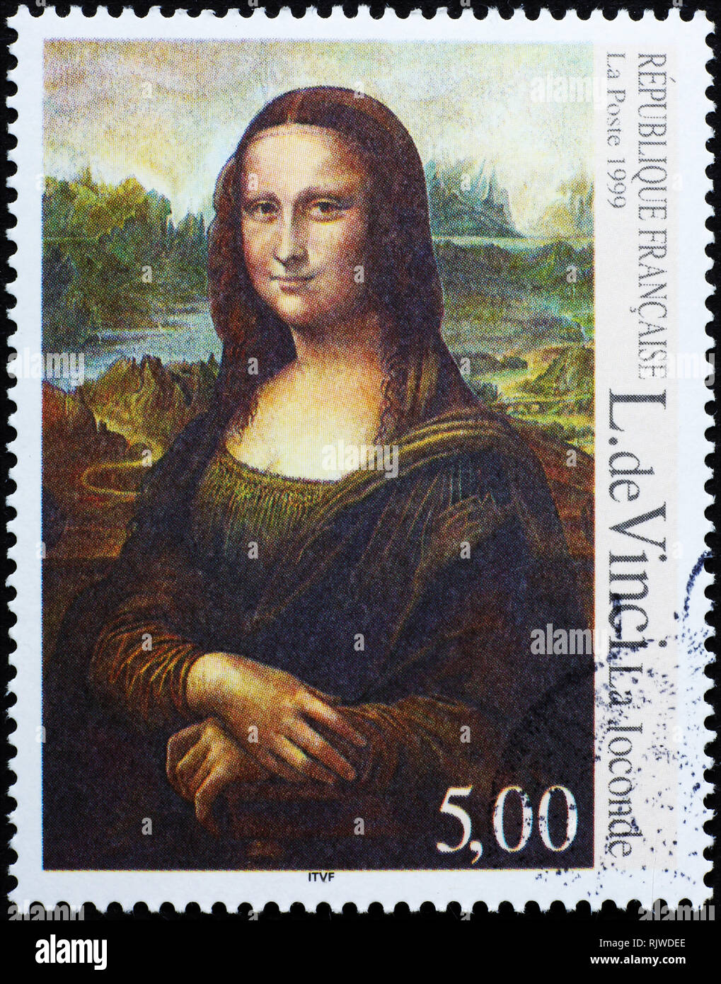 Famous painting Mona Lisa on french postage stamp Stock Photo - Alamy