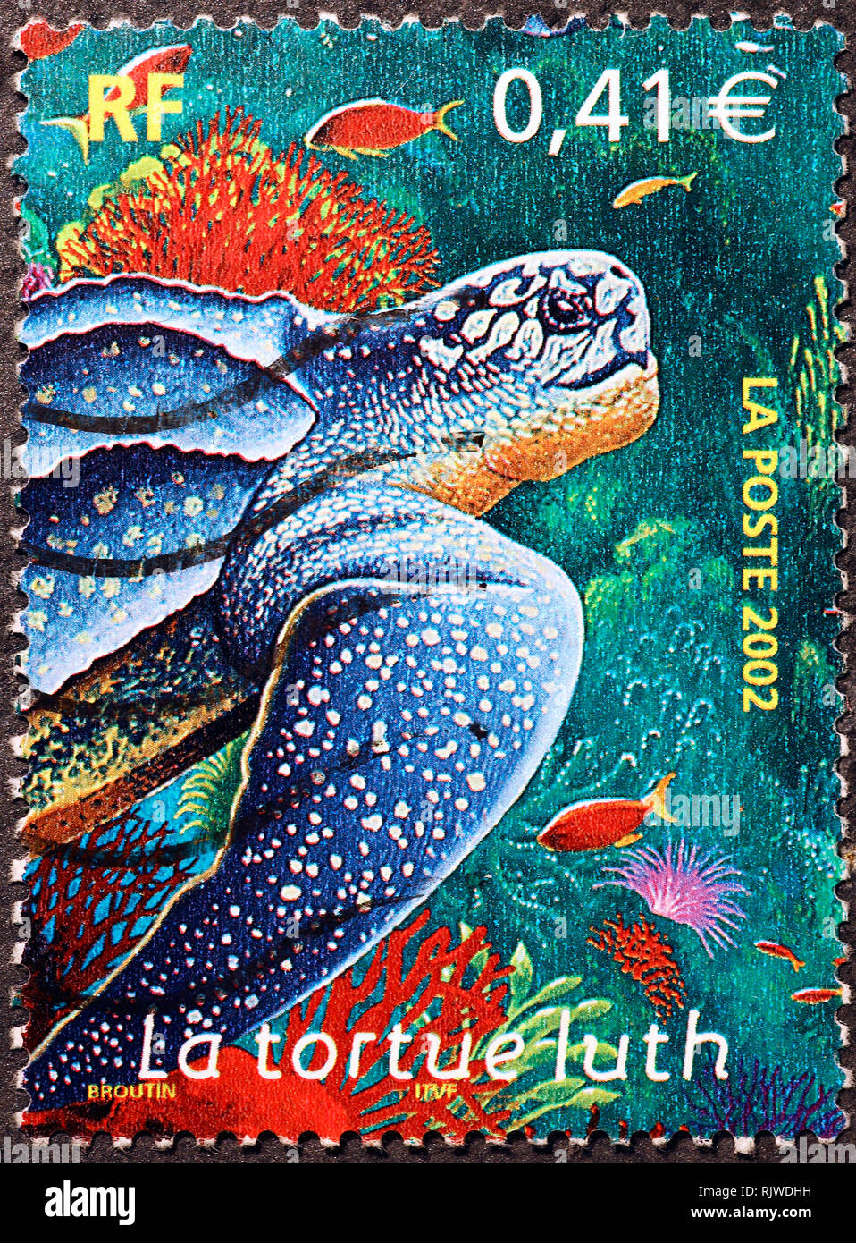 Leatherback turtle on french postage stamp Stock Photo - Alamy