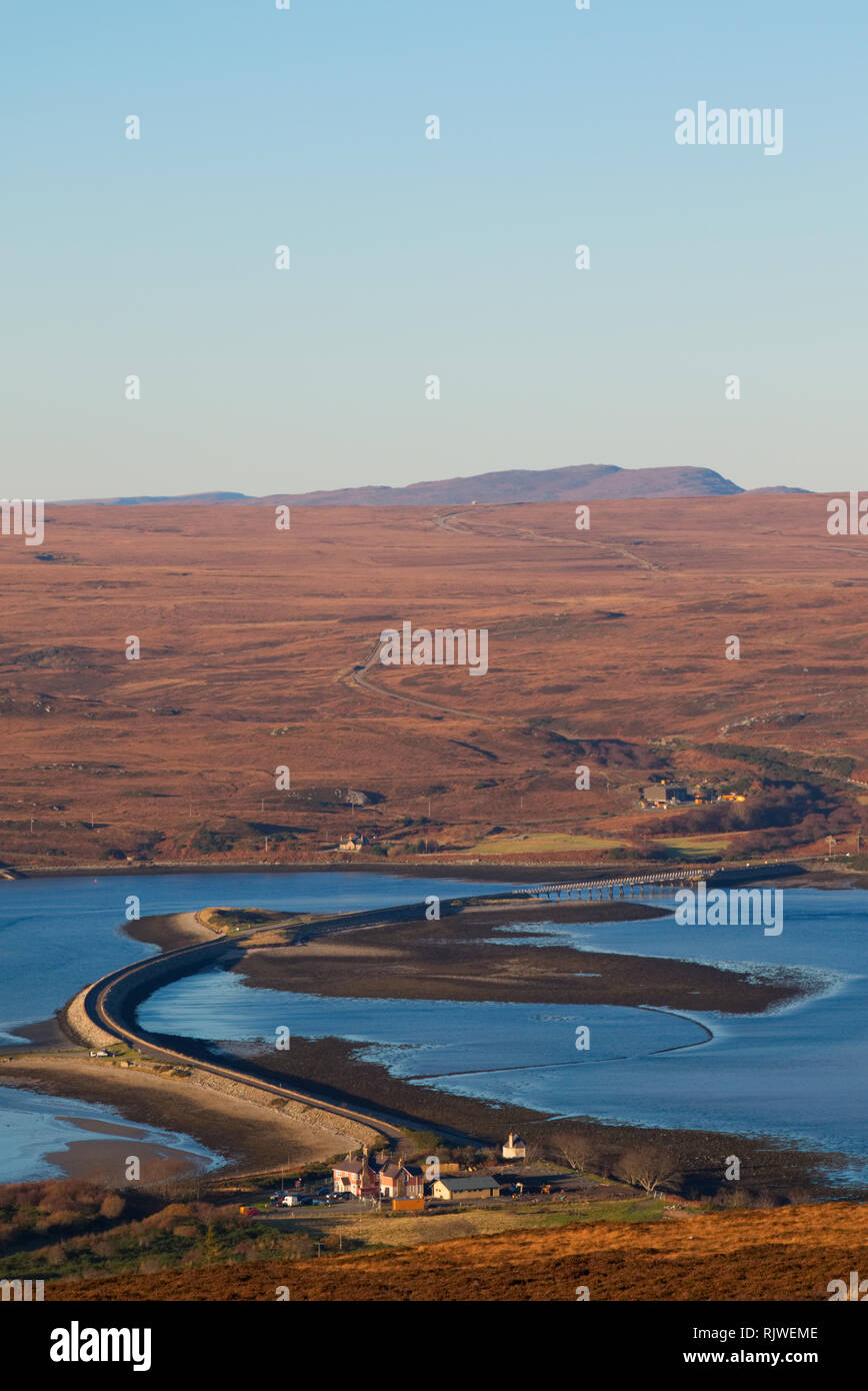 A838 North Coast 500 road crossing Kyle of Tongue, Sutherland Stock ...