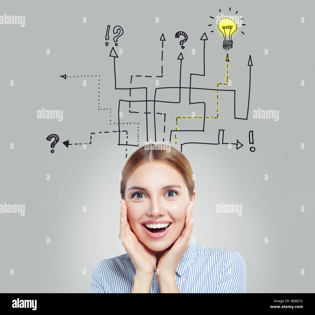 Smart woman with yellow lightbulb. Brainstorm, ideas, problem and ...