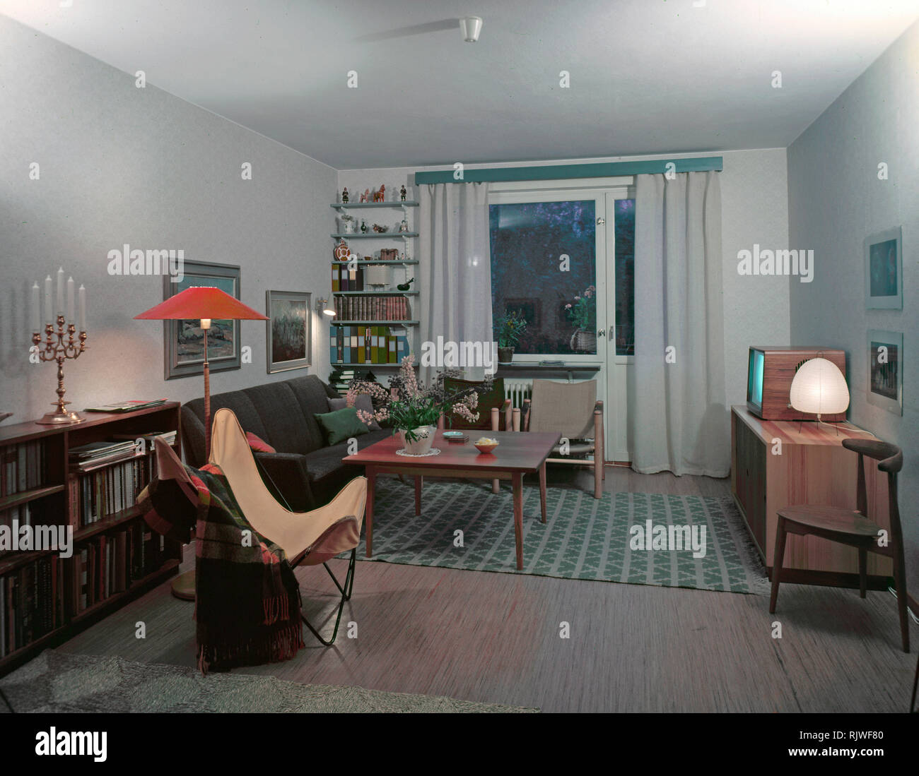 Television in the 1950s. Interior from a room with a typical 50s ...