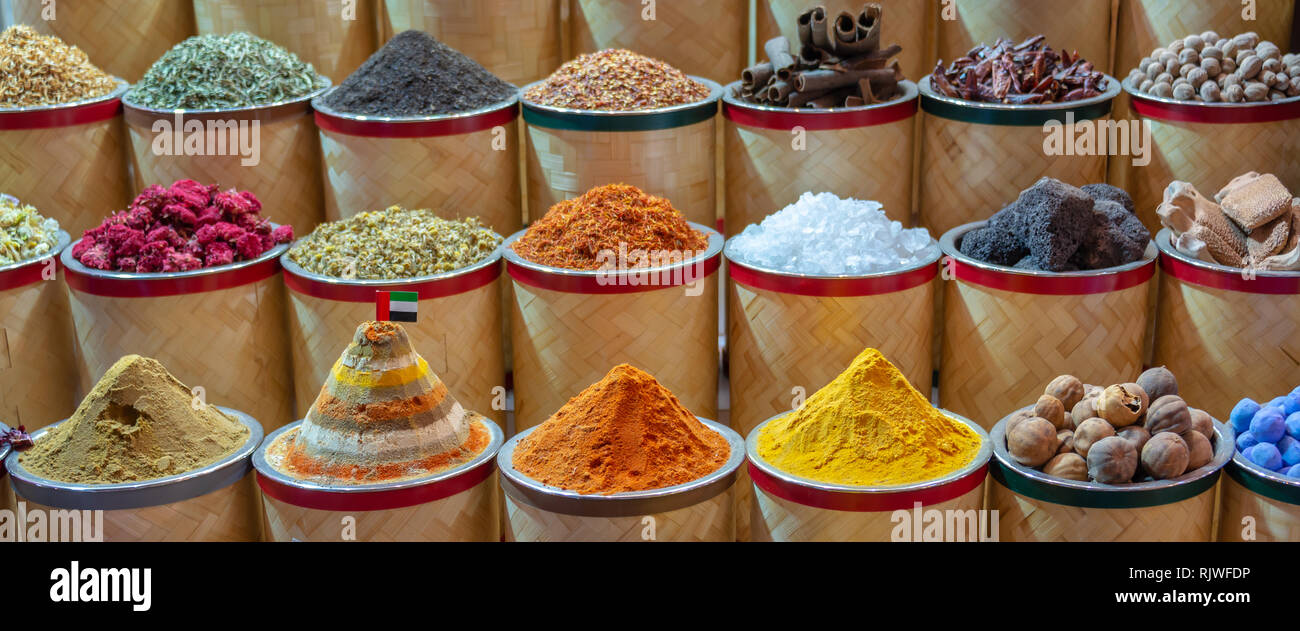 Colorful piles of spices in Dubai souks, United Arab Emirates Stock ...