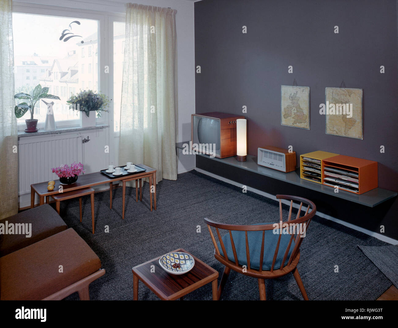 Television in the 1950s. Interior from a room with a typical 50s ...