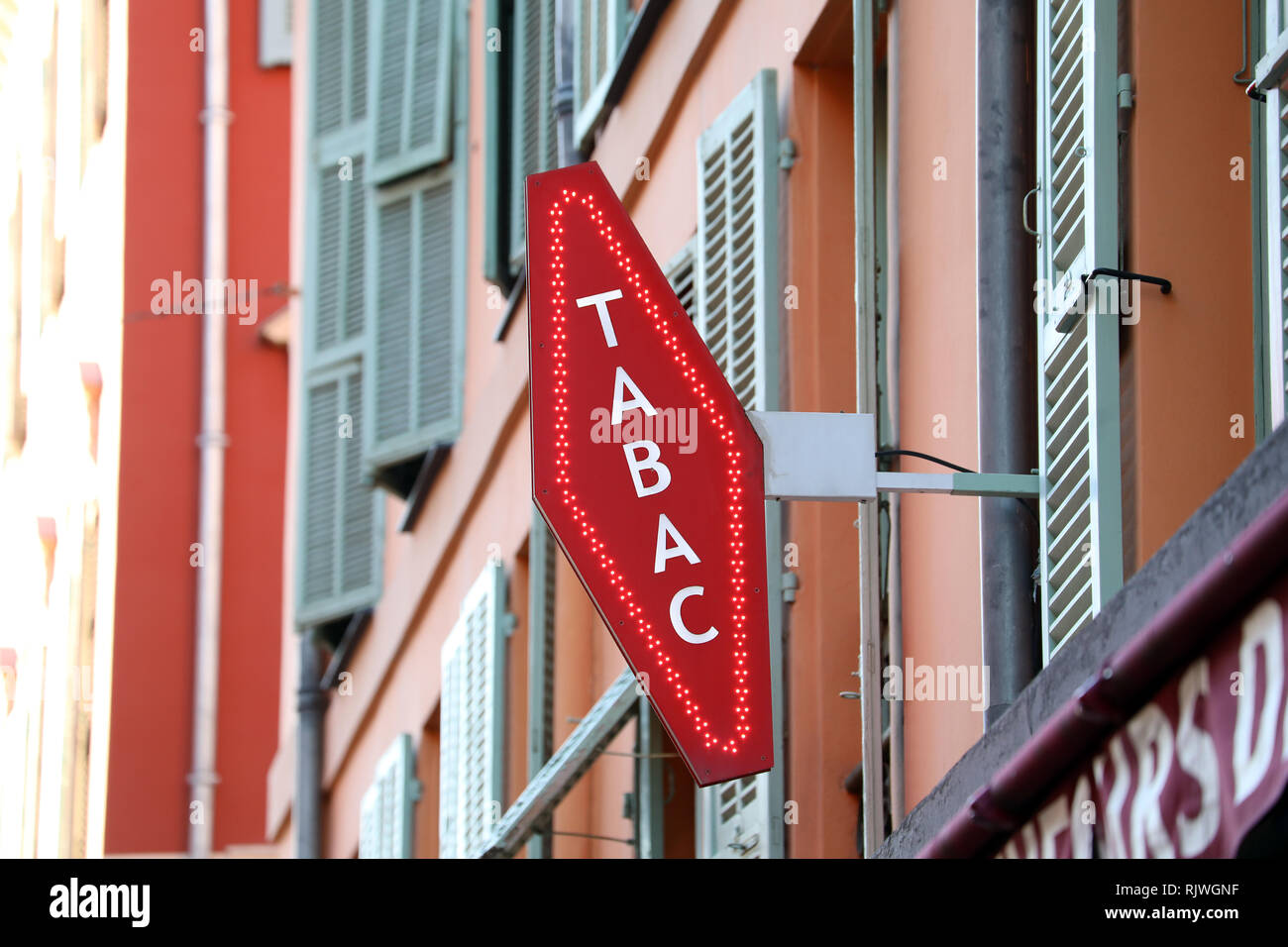 French Red And White Sign Tabac. In France "Tabac" Means Tobacco Stock ...