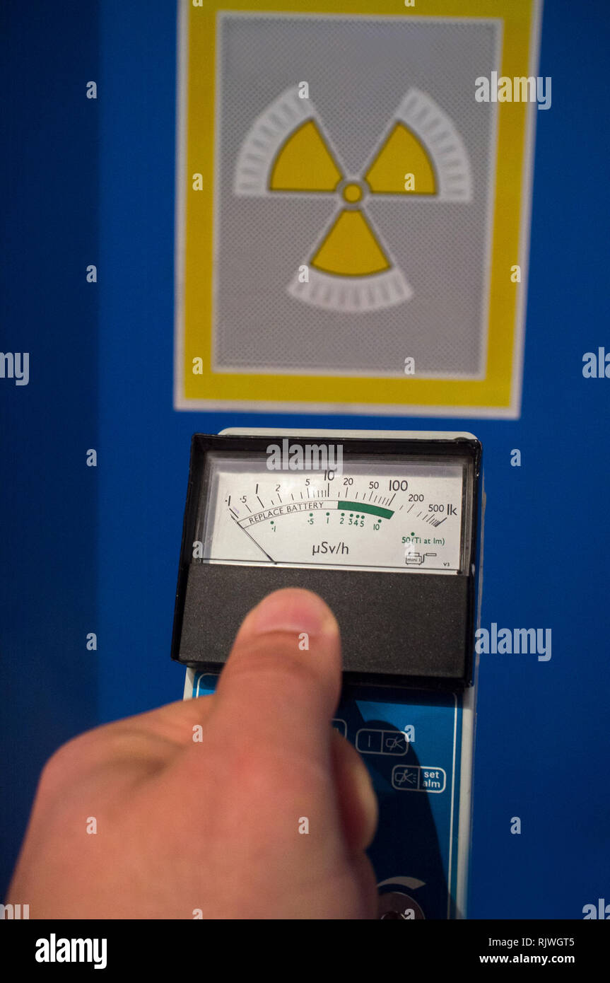 Hand-held radiation survey instrument detecting no radiation. Ionizing ...