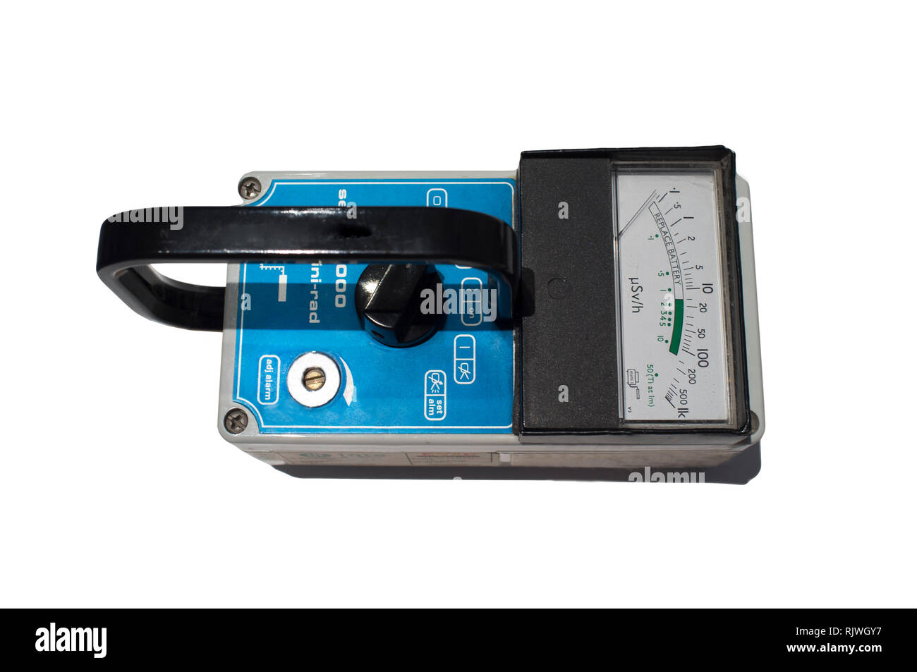 Hand-held radiation survey instrument. Isolated over white background ...