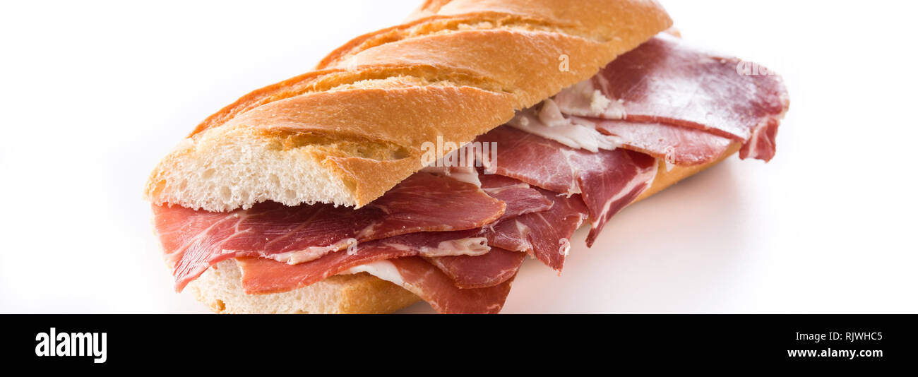 Spanish serrano ham sandwich isolated on white background. Panoramic ...