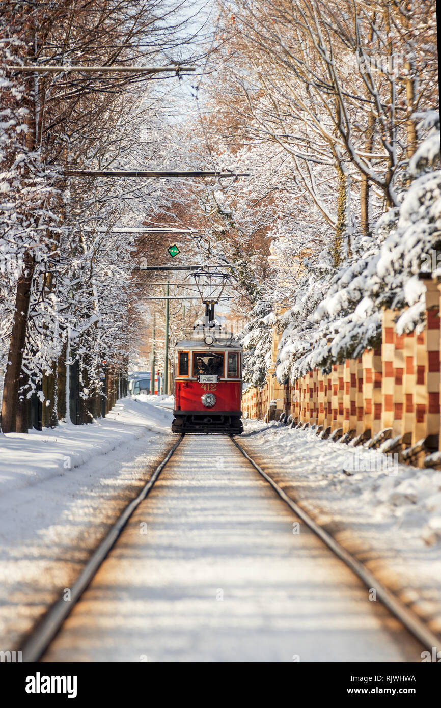 PRAGUE, CZECH REPUBLIC - February 4, 2019: Historical tram in winter ...