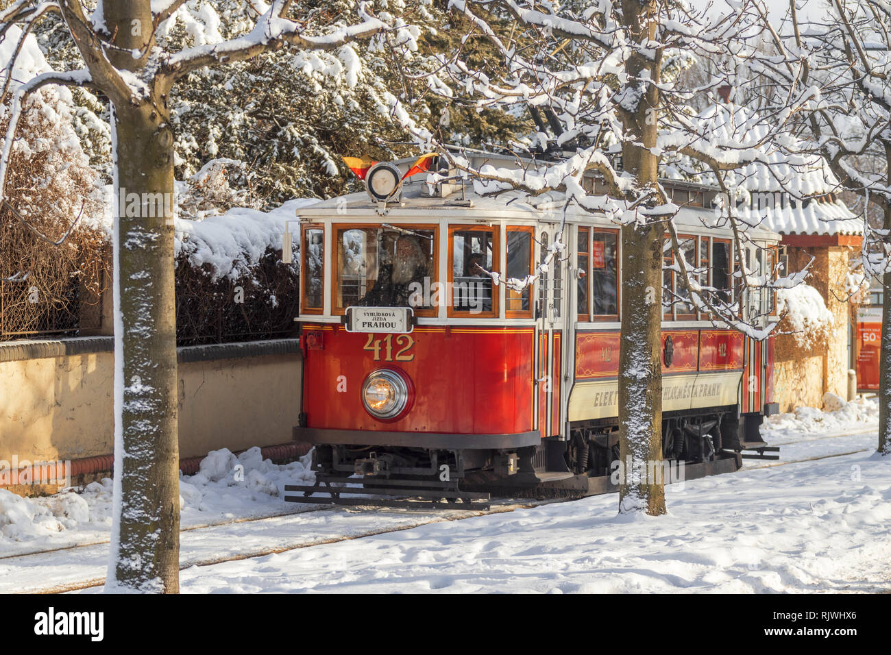 Tram in snow prague hi-res stock photography and images - Alamy