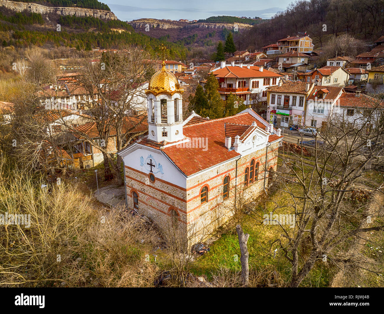 Aerial view of Medieval Church of Assumption of Virgin Mary in city of ...