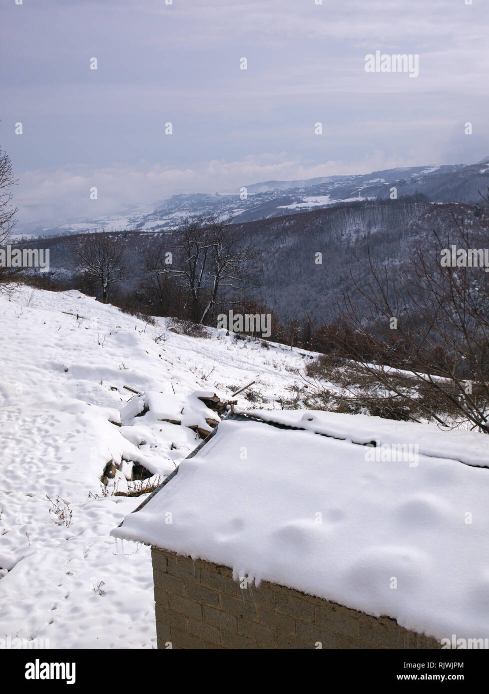 Snow covered rooftop in fog Stock Photo - Alamy