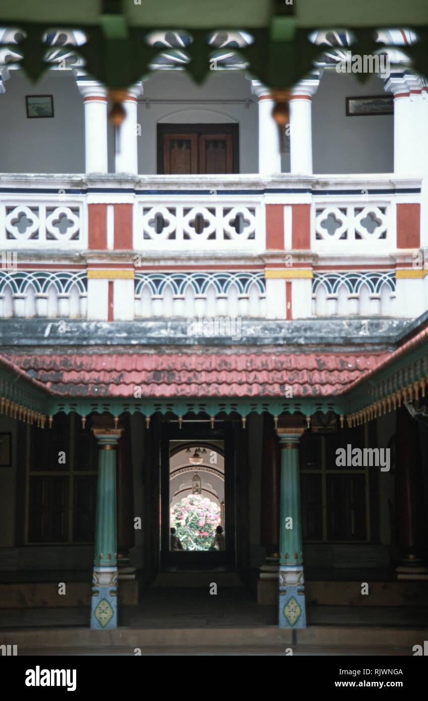 The inner courtyard of an old mansion in Chettinad. Once home to the ...