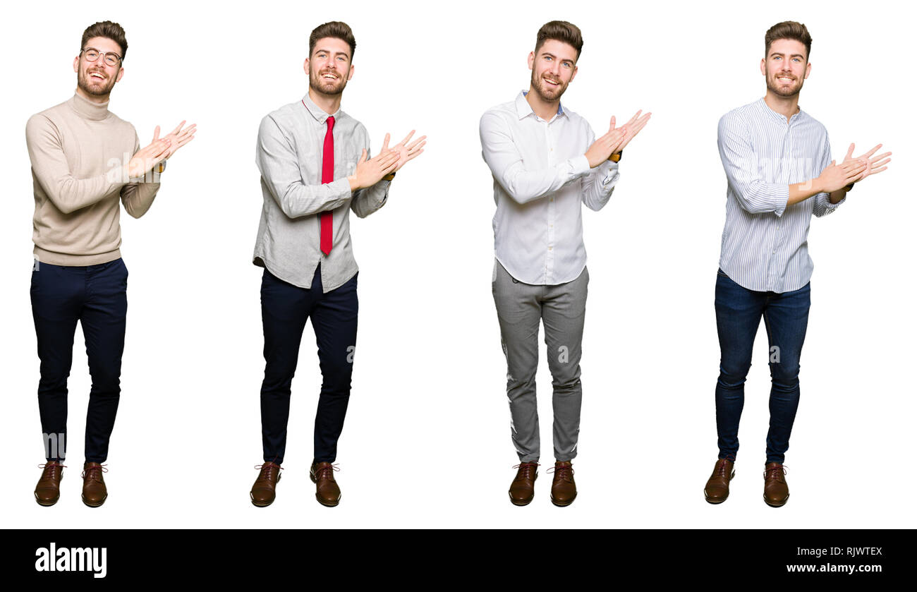 Collage of handsome young business man over white isolated background ...