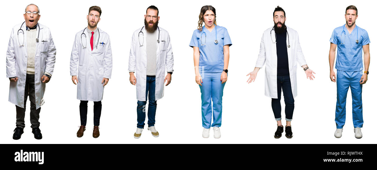Collage of group of doctors and surgeons people over white isolated ...