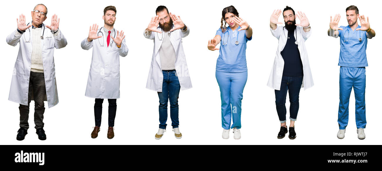 Collage of group of doctors and surgeons people over white isolated ...