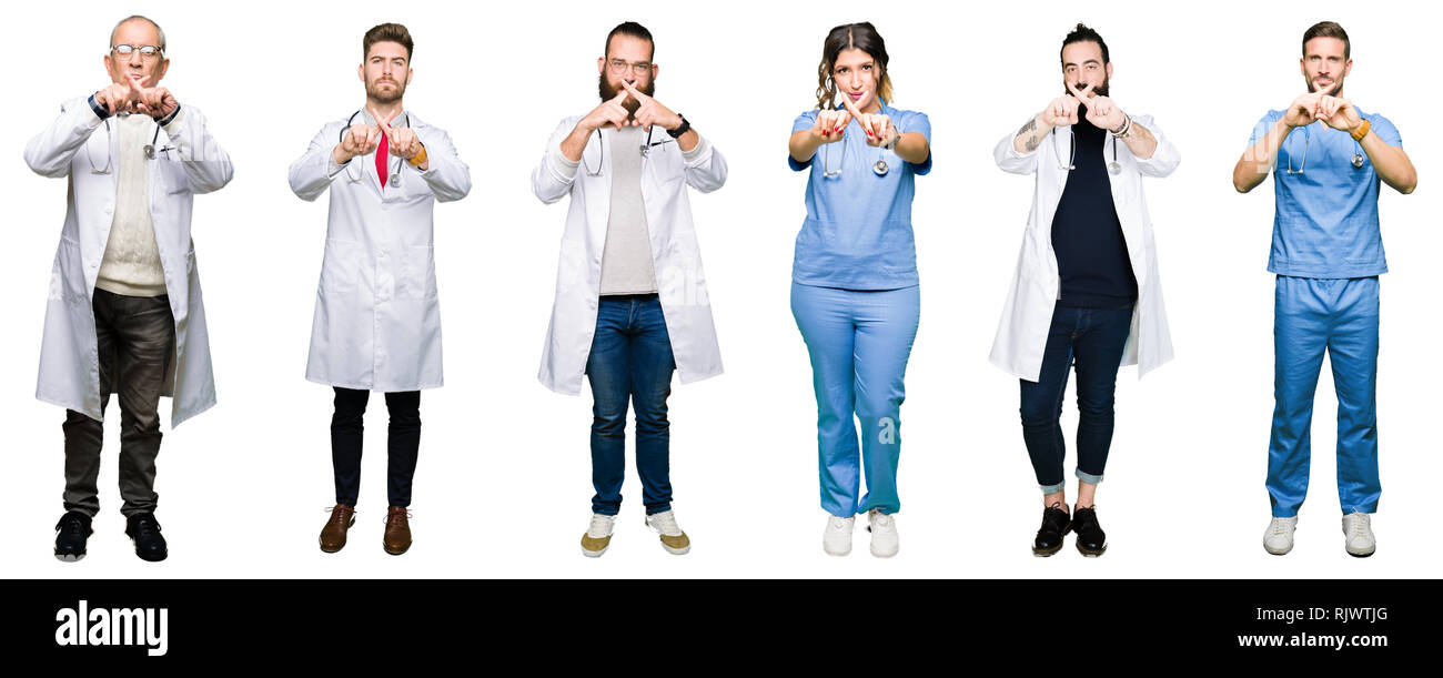 Collage of group of doctors and surgeons people over white isolated ...