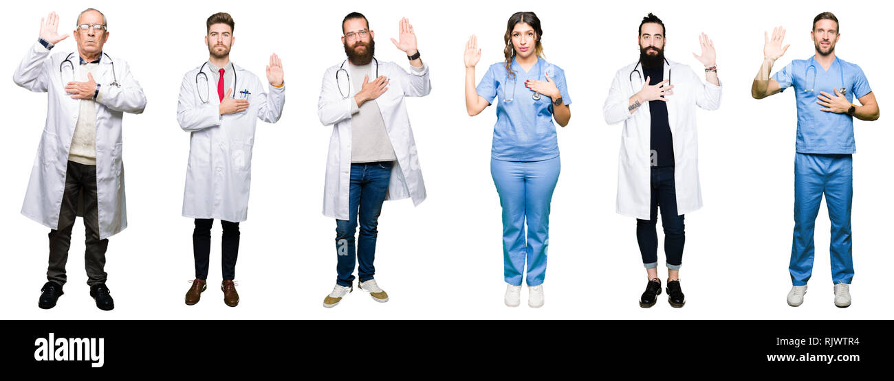 Collage of group of doctors and surgeons people over white isolated ...