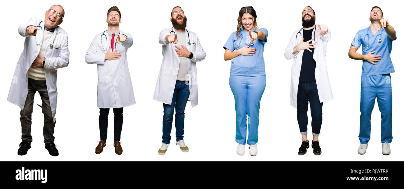 Collage of group of doctors and surgeons people over white isolated ...