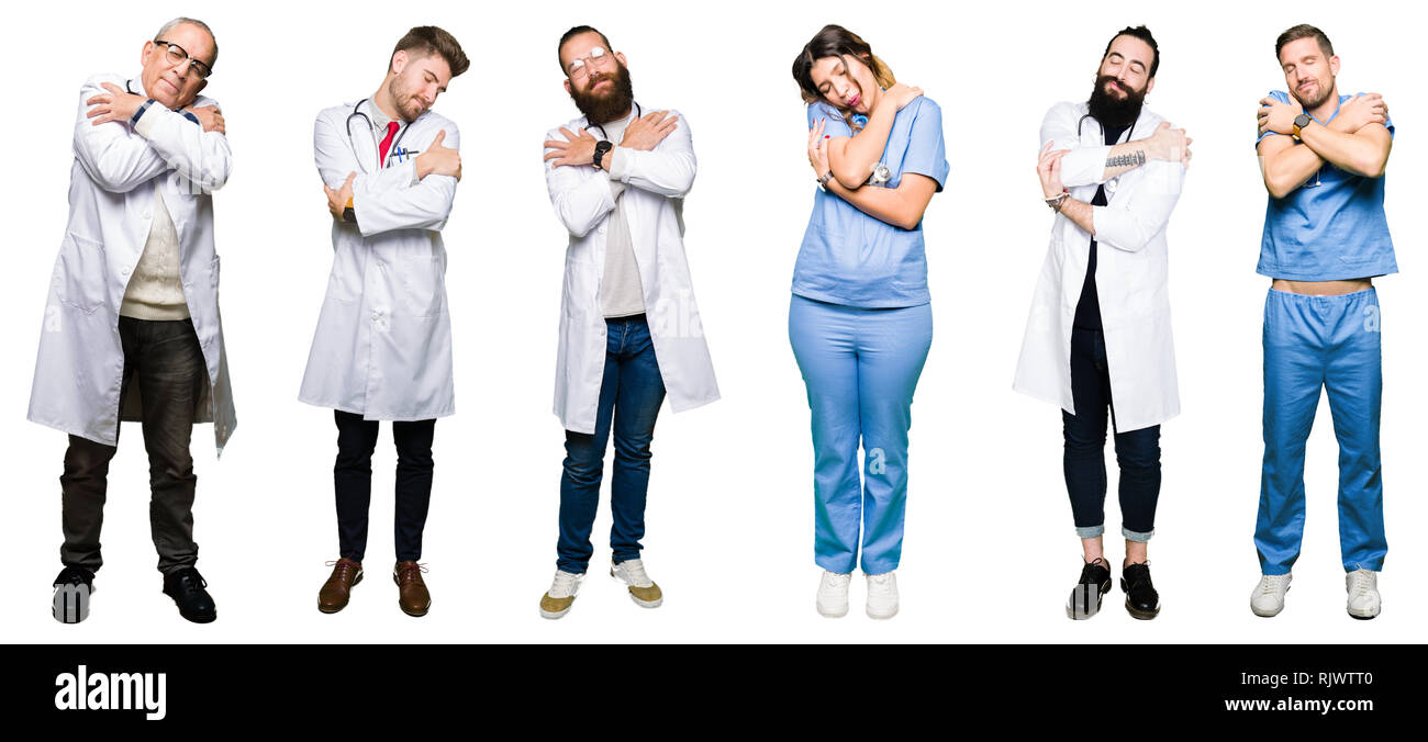 Collage of group of doctors and surgeons people over white isolated ...