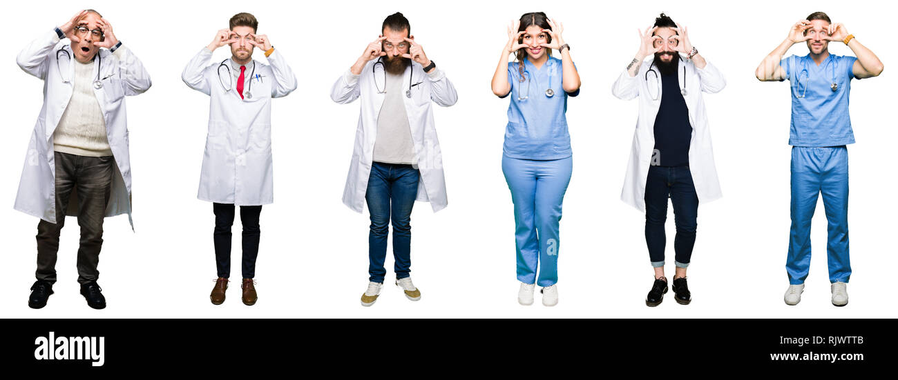 Collage of group of doctors and surgeons people over white isolated ...