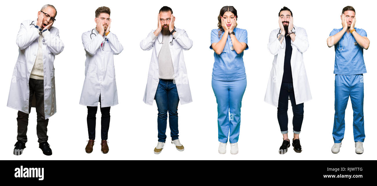 Collage of group of doctors and surgeons people over white isolated ...