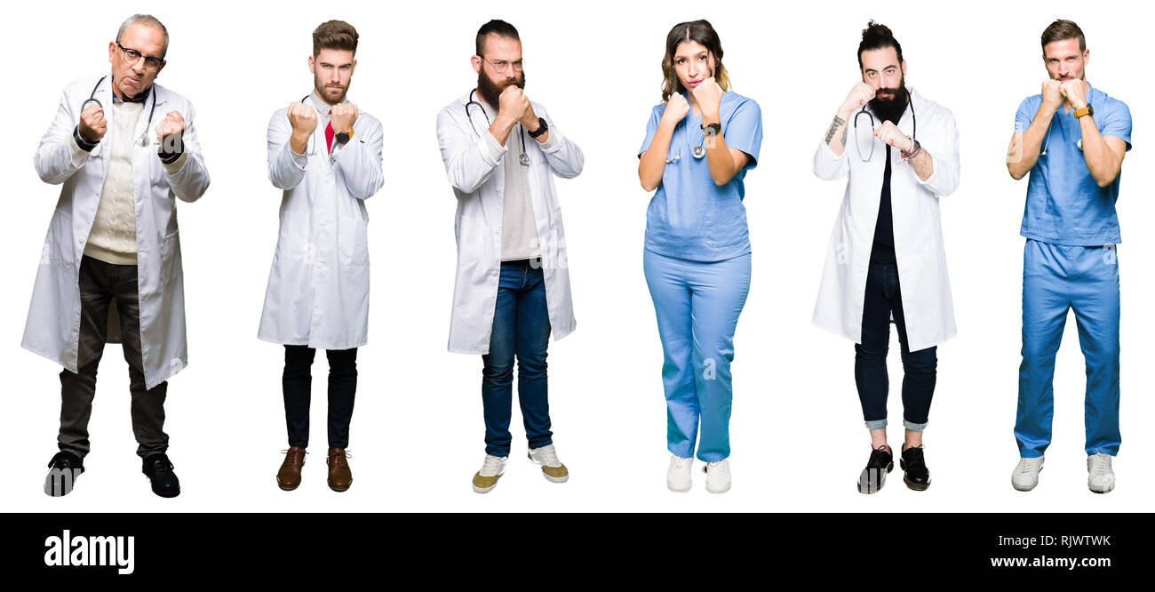 Collage of group of doctors and surgeons people over white isolated ...