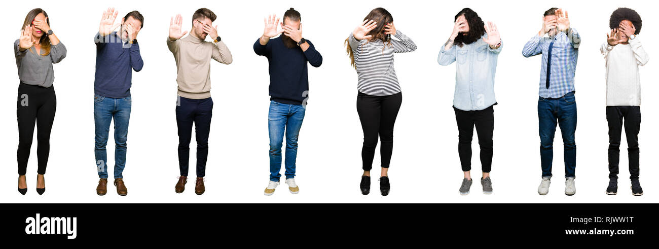 Collage of people over white isolated background covering eyes with ...