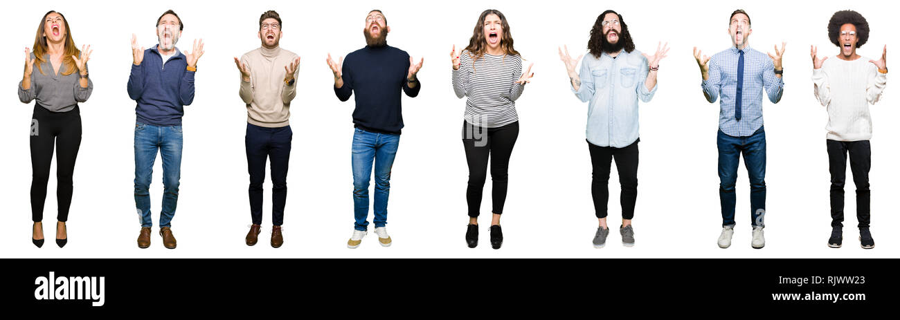 Collage of people over white isolated background crazy and mad shouting ...