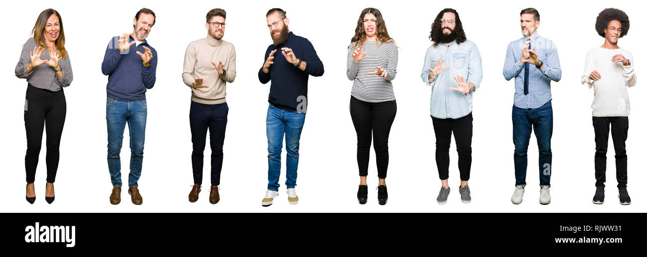 Collage of people over white isolated background disgusted expression ...