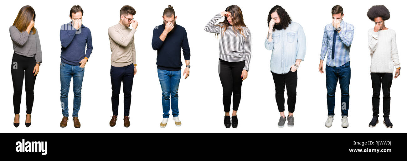 Collage of people over white isolated background tired rubbing nose and ...