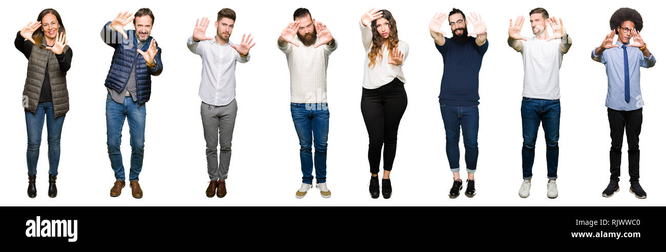 Collage of people over white isolated background Smiling doing frame ...