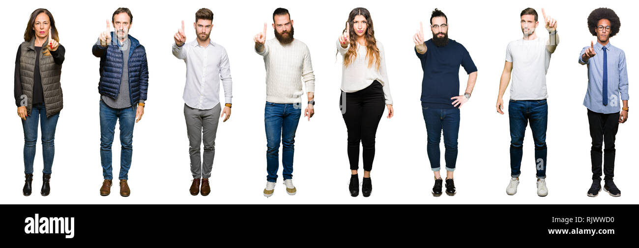 Collage of people over white isolated background Pointing with finger ...
